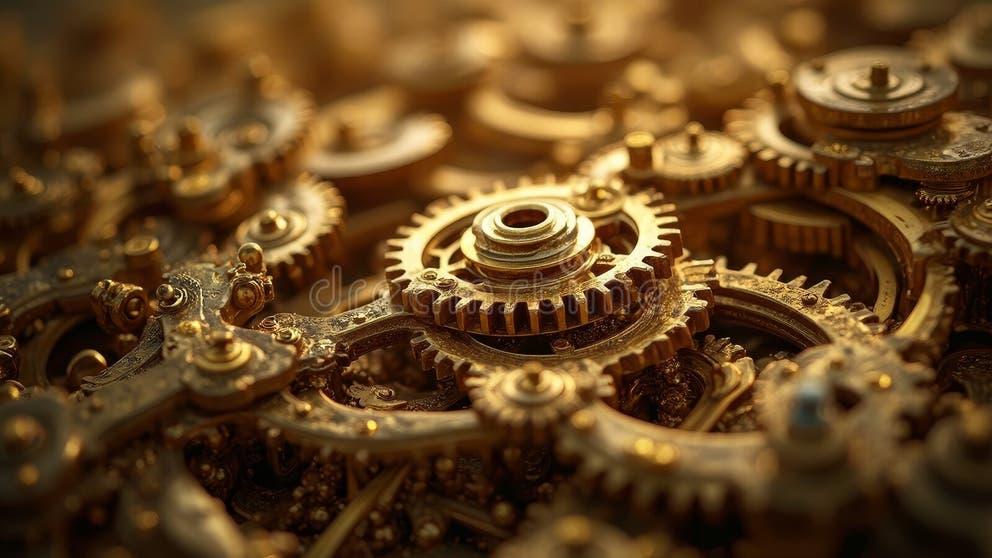 Intricate Golden Gears Interlocking in a Complex Mechanical System ...