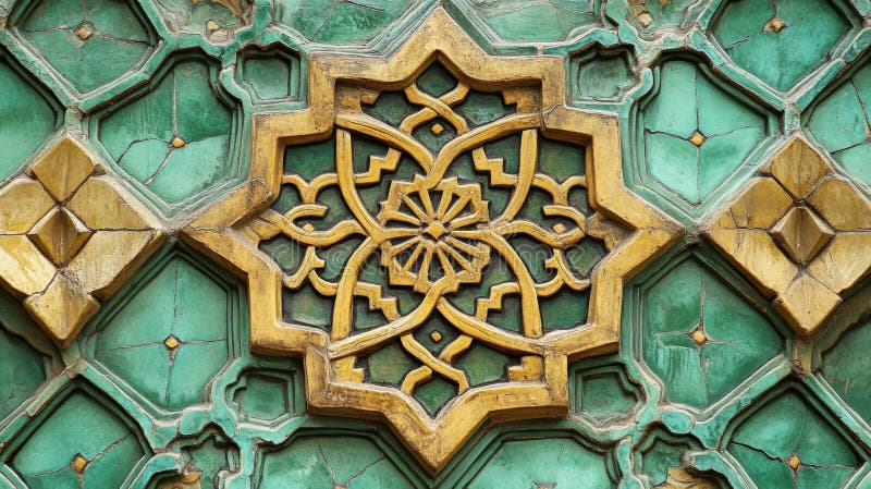 Intricate Golden and Green Islamic Geometric Tile Pattern Stock ...