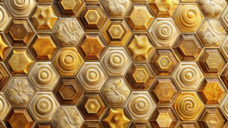 Intricate Golden Hexagonal Wall Panel Design with Varied Textures ...