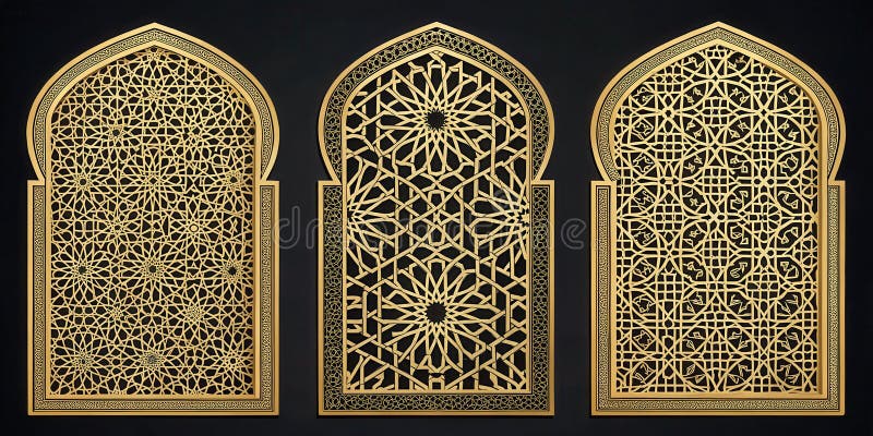 Intricate Golden Islamic Geometric Patterns on Black Background Stock ...