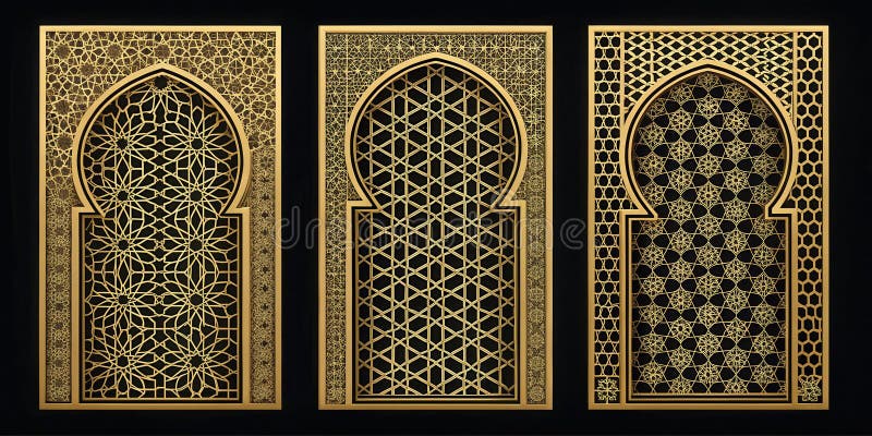 Intricate Golden Islamic Geometric Patterns on Ornate Panels Stock ...