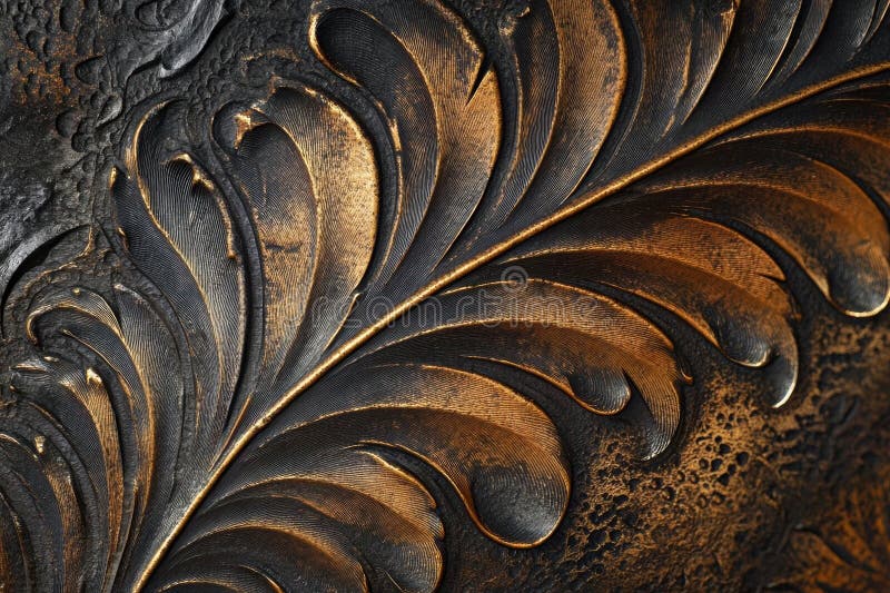 Intricate Golden Leaf Pattern on Black Background Stock Image - Image ...