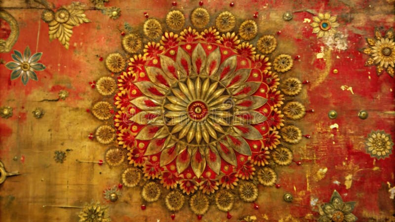 Intricate Golden and Red Mandala Design on a Textured Background Stock ...