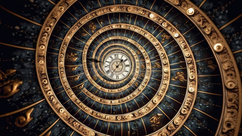 Intricate Golden Spiral Clock on Dark Starry Background: a Concept of ...