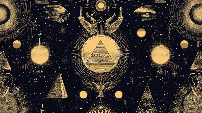 Intricate Golden Symbolism Featuring Pyramids, Celestial Bodies, and ...