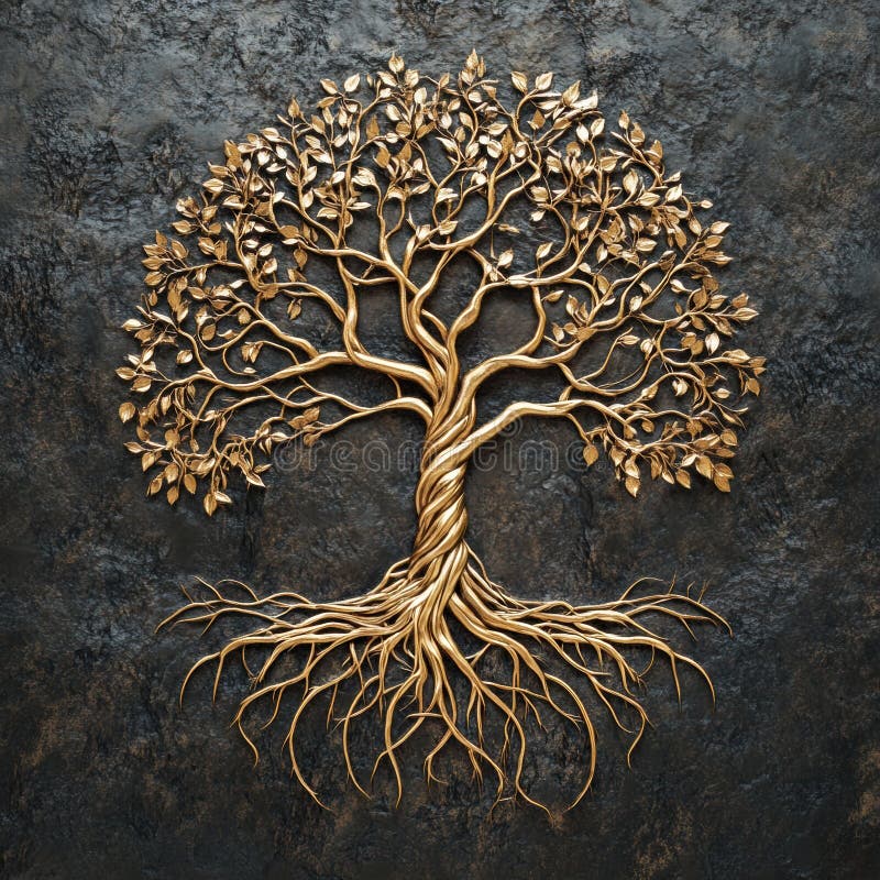 Intricate Golden Tree of Life Displays Intertwining Branches and Roots ...