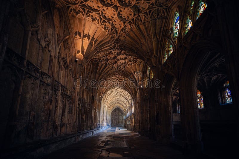 Gothic Cathedral Corridor with Stained Glass. Stock Illustration ...