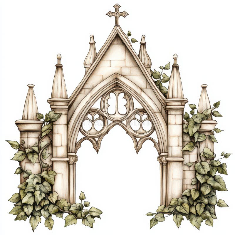Gothic Stone Canopy with Pinnacles and Tracery Surrounded by Greenery ...
