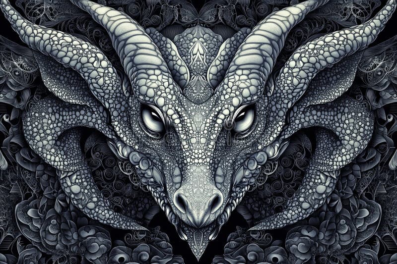 Intricate Grayscale Dragon Head with Patterned Details Stock ...