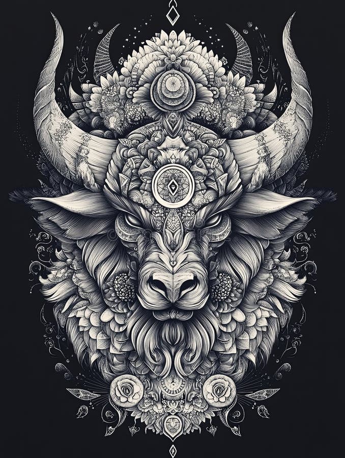 Intricate Grayscale Illustration of a Bull S Head Adorned with Floral ...