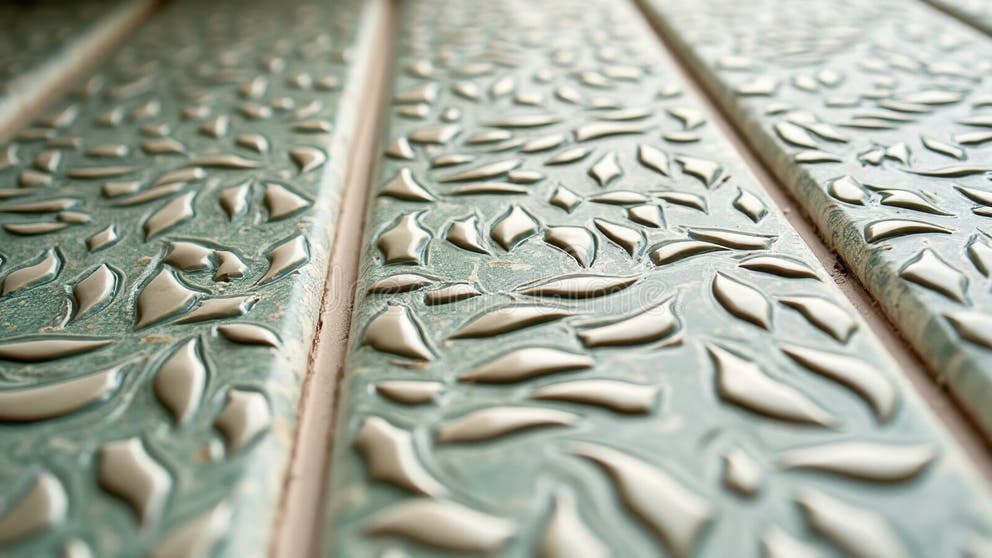 Intricate Green Ceramic Tiles with Leaf Patterns in Close-up Stock ...