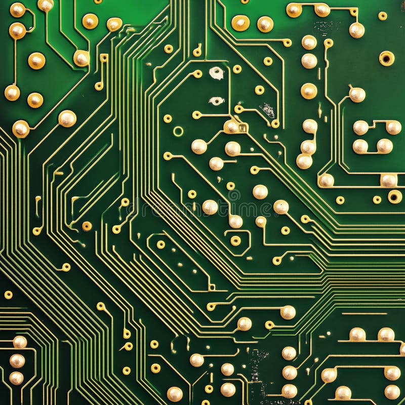 Intricate Green Circuit Board Design with Gold Pathways and Connections ...
