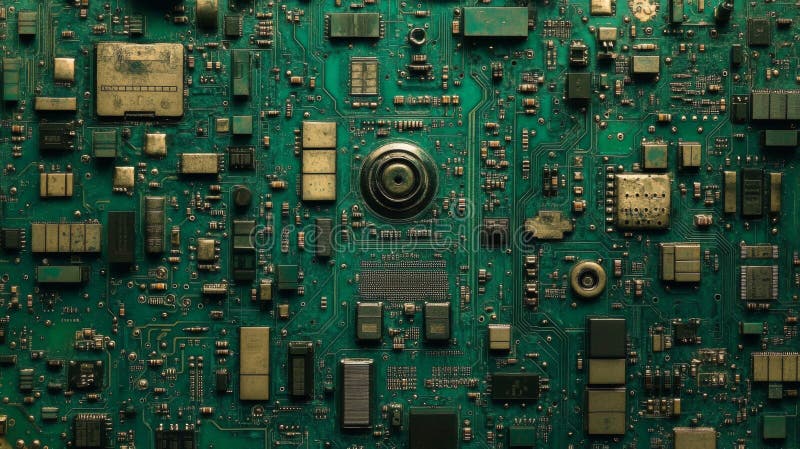 Intricate Green Circuit Board Texture with Gold Components Stock ...