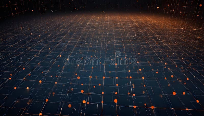 Intricate Grid Pattern with Glowing Orange Lines and Dots Extending ...