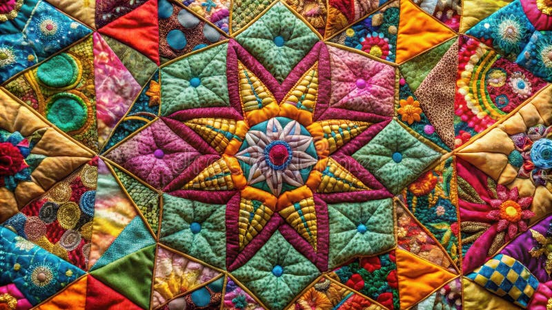 Intricate Hand-stitched Quilt Featuring a Vibrant Starburst Pattern and ...