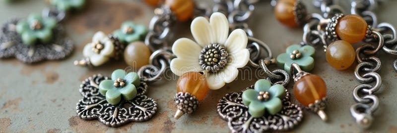 Intricate Handmade Jewelry with Floral and Beaded Design on Rustic ...