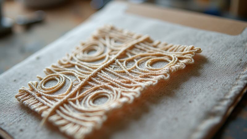 Intricate Handmade Macrame Design on Fabric Background Stock ...