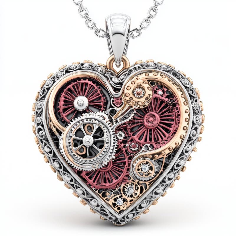Intricate Heart-Shaped Pendant with Mechanical Gears and Clockwork Elements in Silver and Gold ...