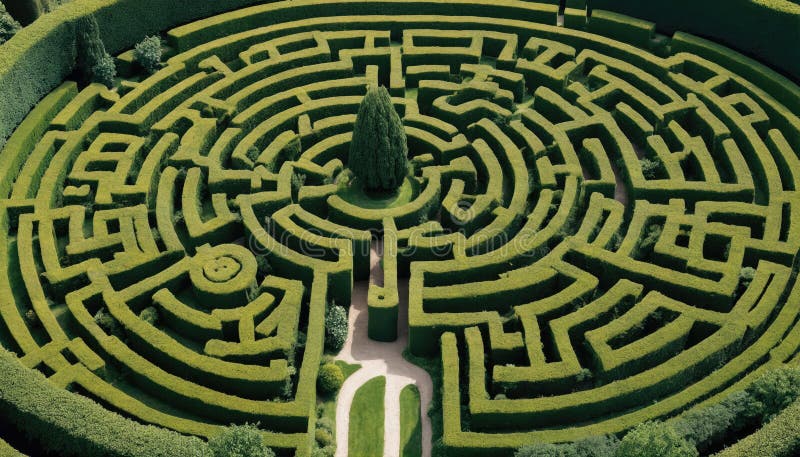 Intricate Hedge Maze Surrounded by Lush Greenery in a Sunny Landscape ...