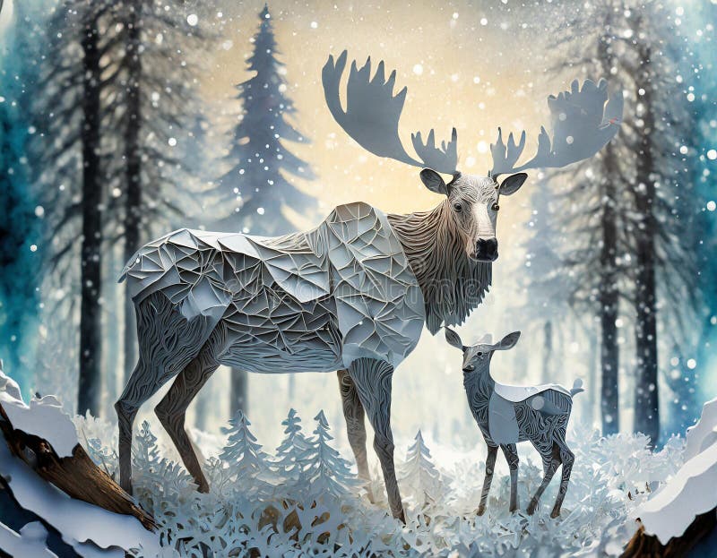 An Intricate, Highly Detailed 3D Paper Sculpture of a Moose with Her ...