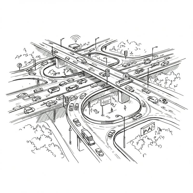 Intricate Highway Interchange Sketch Showing Multiple Layered Roads ...