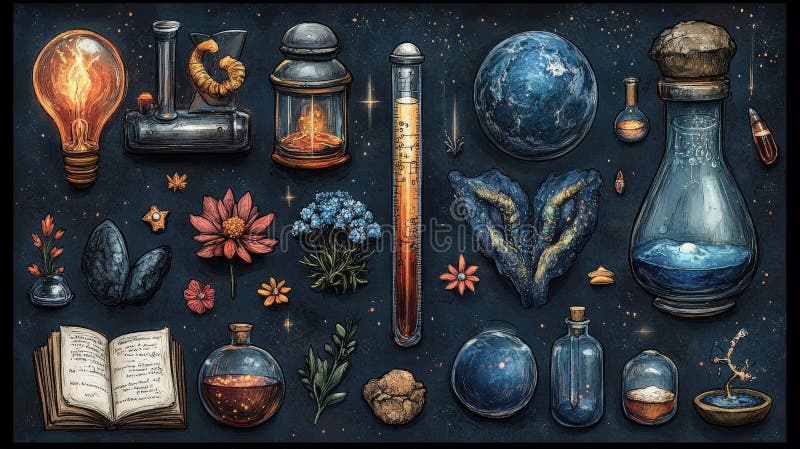 Vintage Alchemy and Science Tools on Dark Backdrop Illustration Stock ...
