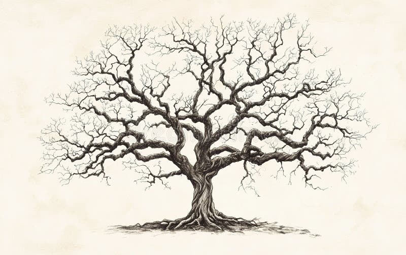 An Intricate Illustration of a Bare, Twisted Tree with Gnarled Branches ...