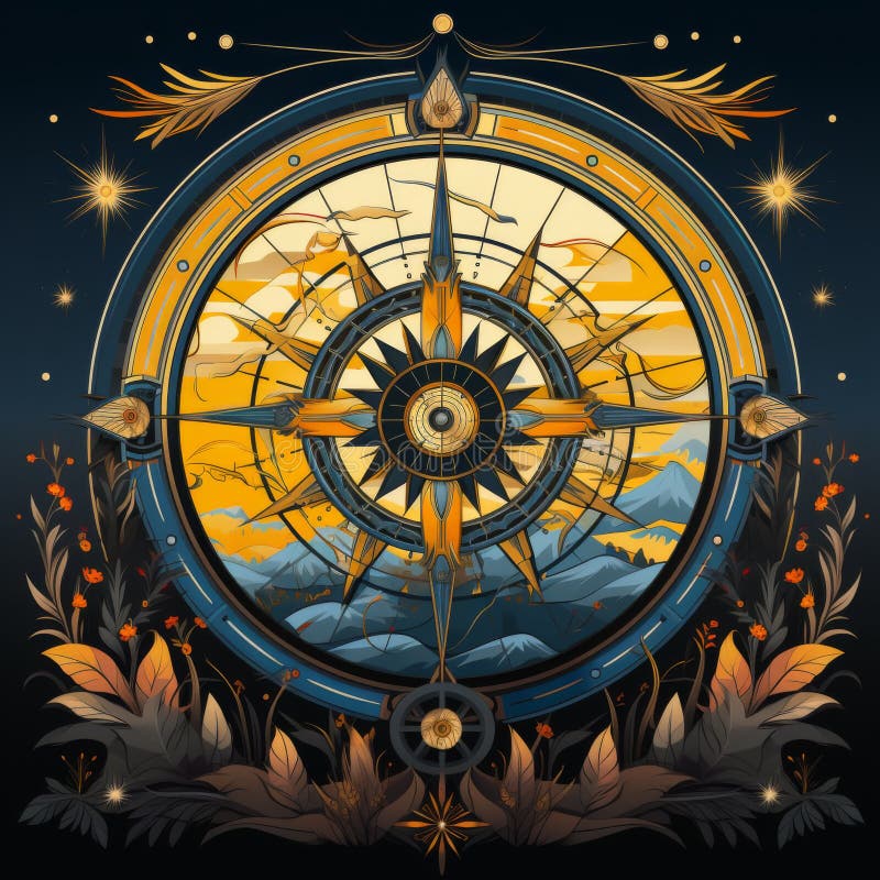 Intricate Illustration of a Celestial Compass Surrounded by Botanical ...