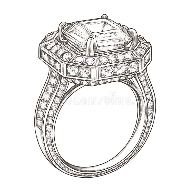 Elegant Diamond Ring Illustration Detailed HandDrawn Design of a ...