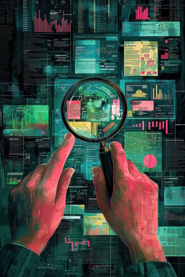 Hands Holding Magnifying Glass Examining Analytical Data Charts Stock ...