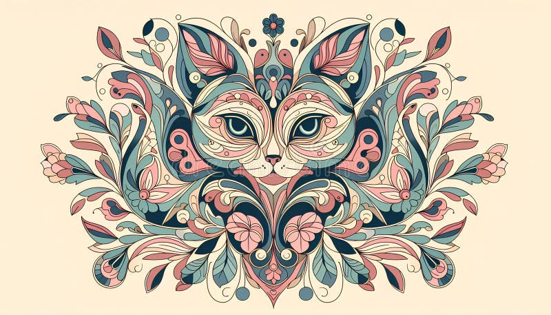 Intricate Illustration Featuring a Stylized Cat Face Surrounded by ...