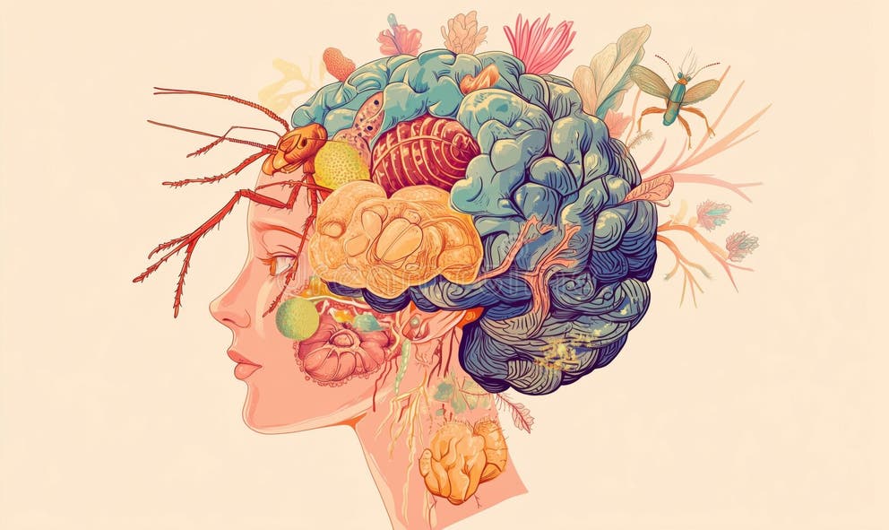 Intricate Illustration of Human Brain with Nature Elements and Insects ...