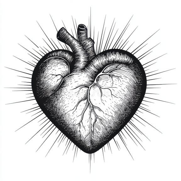 Intricate Illustration of a Human Heart with Rays Emanating Stock ...