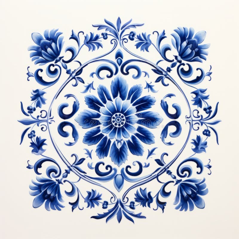 Vintage Delft Ceramic Tile with Indigo Floral Designs on White ...