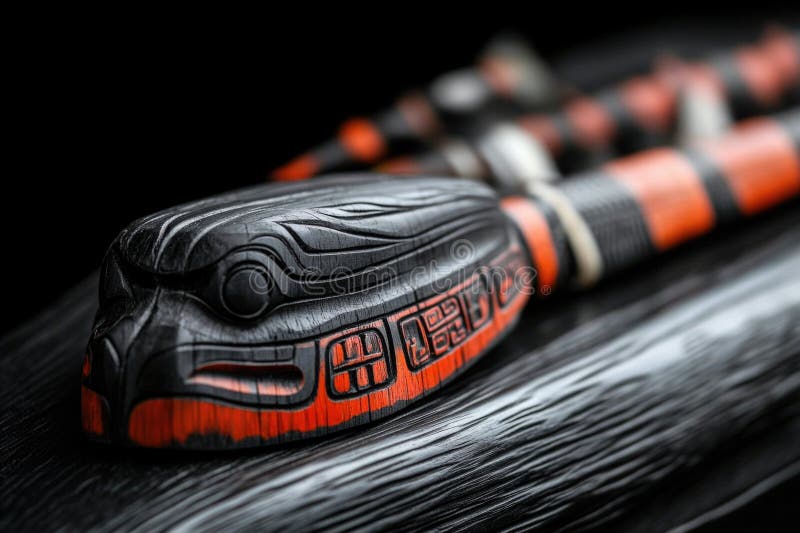 Intricate Indigenous Totem Carving in Black and Red Close-up Stock ...