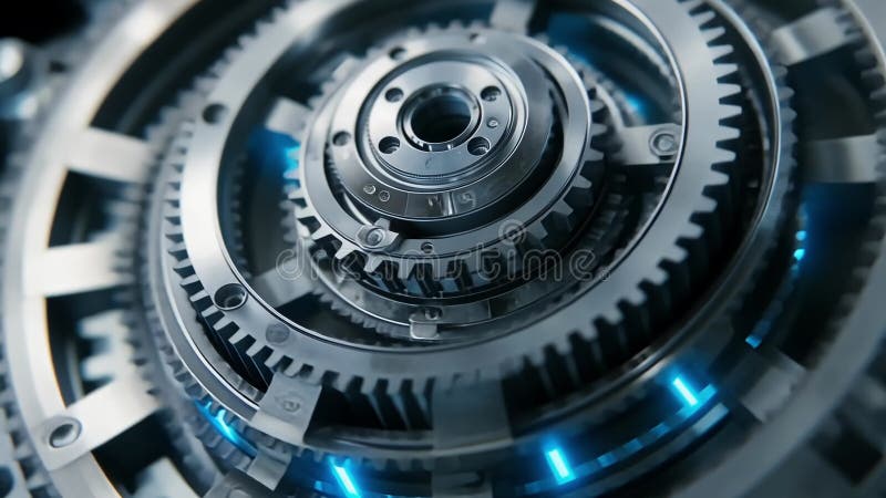 Complex Futuristic Engine Gears Rotating Smoothly with Blue Lights ...