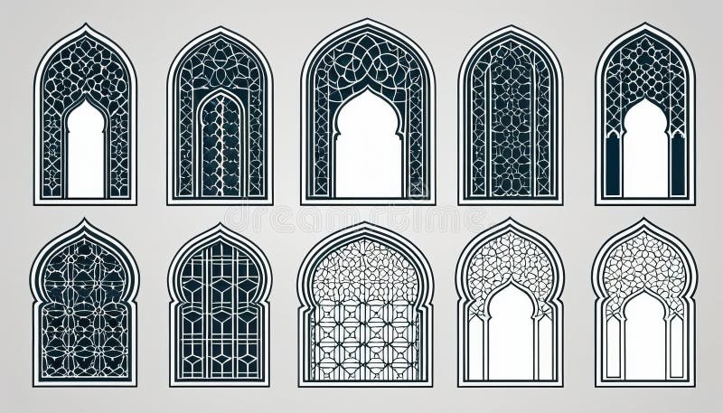 Intricate Islamic Geometric Patterns in Arched Windows Design Set Stock ...