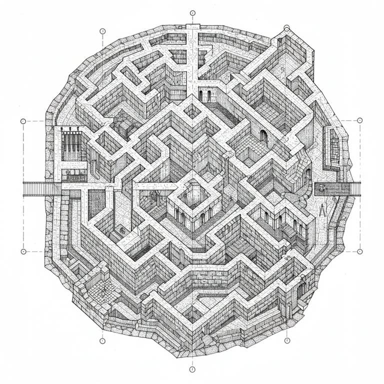 Intricate Isometric Drawing of a Circular, Multi-level Labyrinth ...
