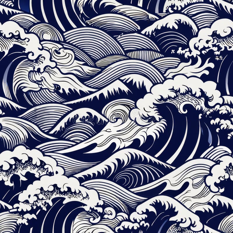 Intricate Japanese Wave Pattern with Bold Blue and White Nautical ...