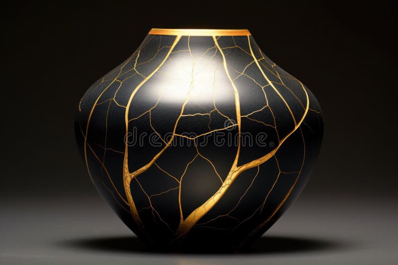 Intricate Kintsugi Gold Veins on a Dark Pottery Piece Stock Photo ...