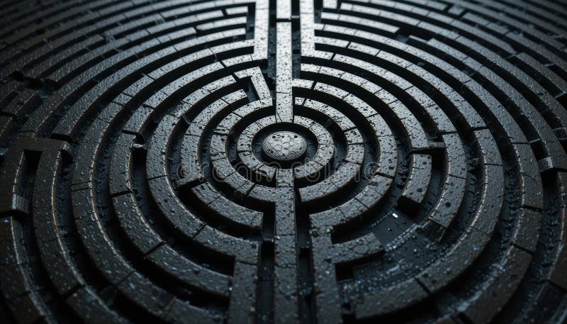Intricate Labyrinth Design with Sleek Black Tiles and Raindrops in Dark ...
