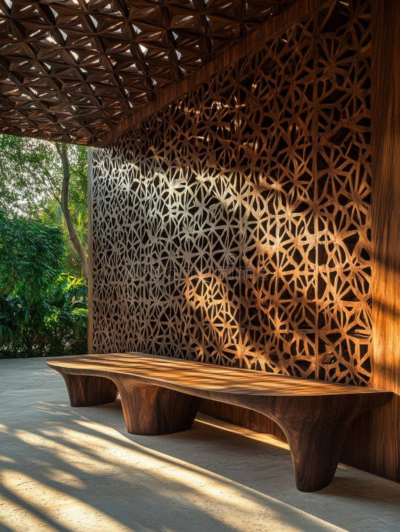 Intricate Latticework Casts Shadows on a Unique Wooden Bench Structure ...
