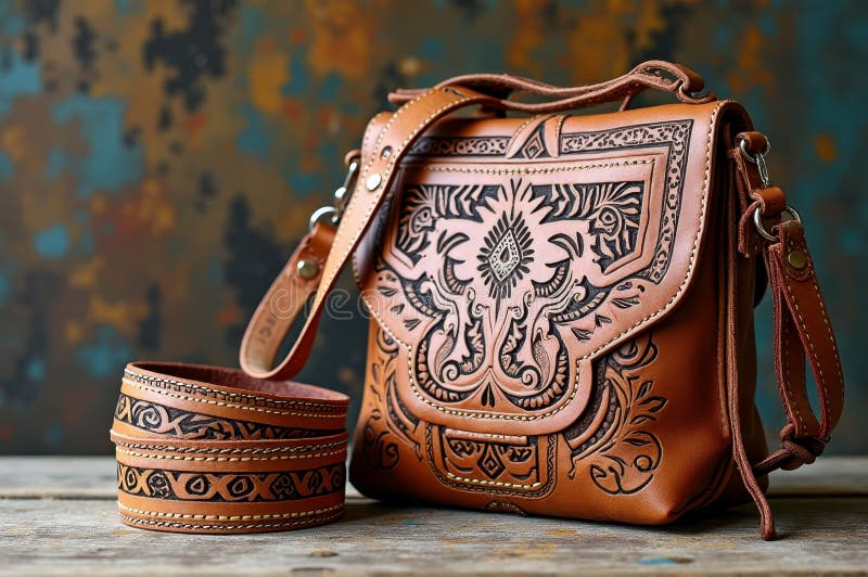 Intricate Leather Handbag and Bracelets with Detailed Engraving Design ...