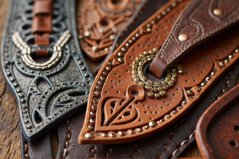 Intricate Leathercraft Detailing with Studs and Patterns on Brown and ...