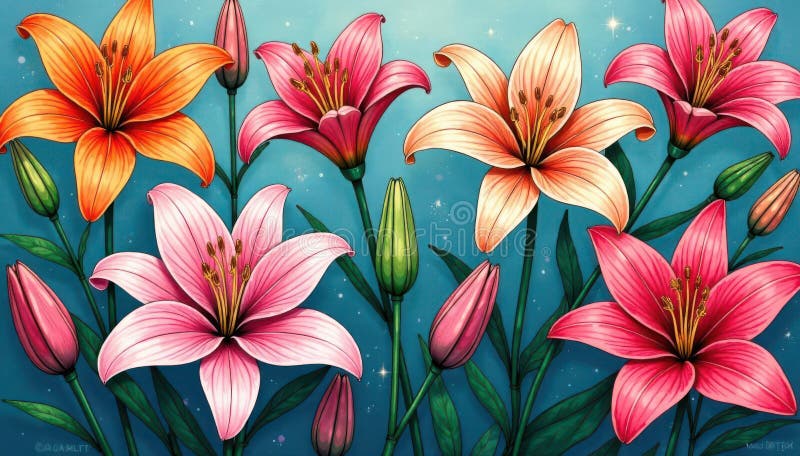 Intricate Line Art, Blooming Lilies, Continuous Pattern, Vector, Lilies ...