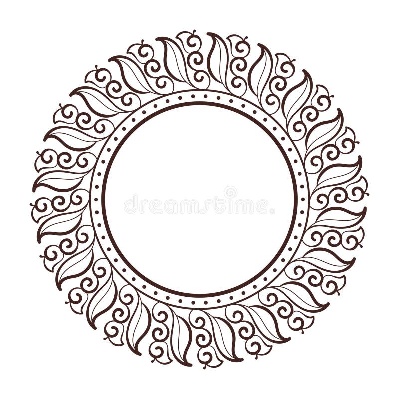 Intricate Line Art Circular Frame with Stylized Leaves, Scrolls, and ...