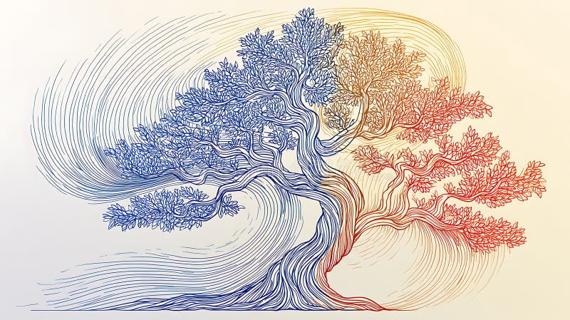Intricate Line Art Depicts a Stylized Tree with Swirling Branches and ...