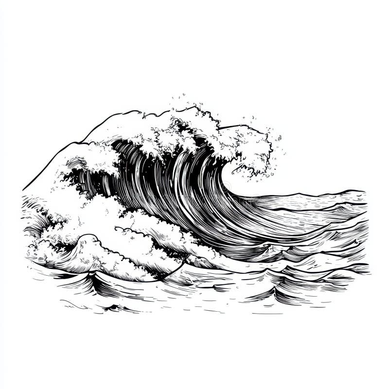 Intricate Line Art Illustration of a Powerful Ocean Wave Stock ...