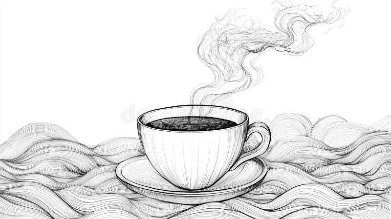 Intricate Line Art of a Steaming Coffee Cup with Flowing Abstract ...