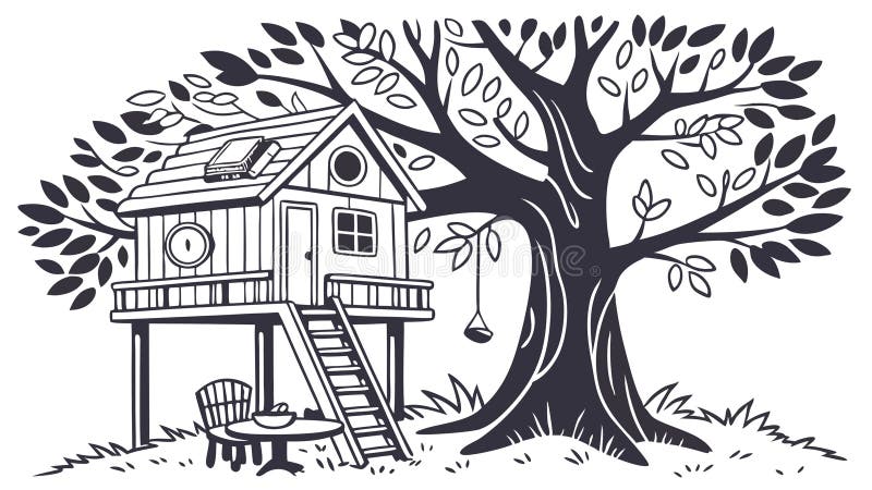 Intricate Line Art Treehouse with Detailed Structure, Vector Design ...